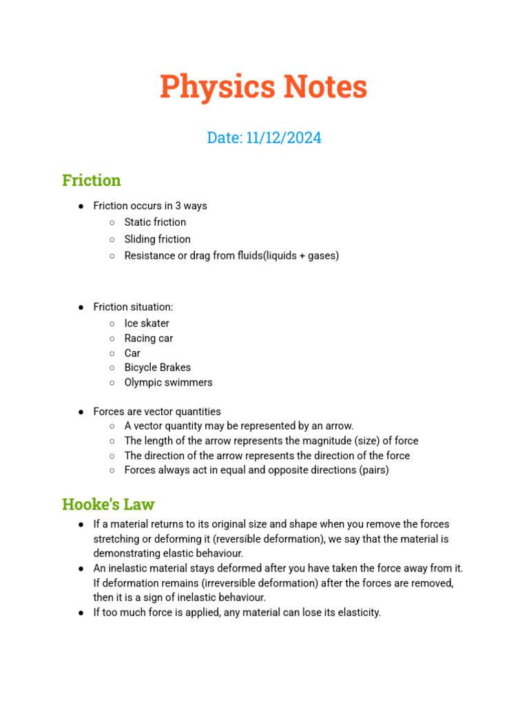 Physics Notes | PDF | Friction | Force