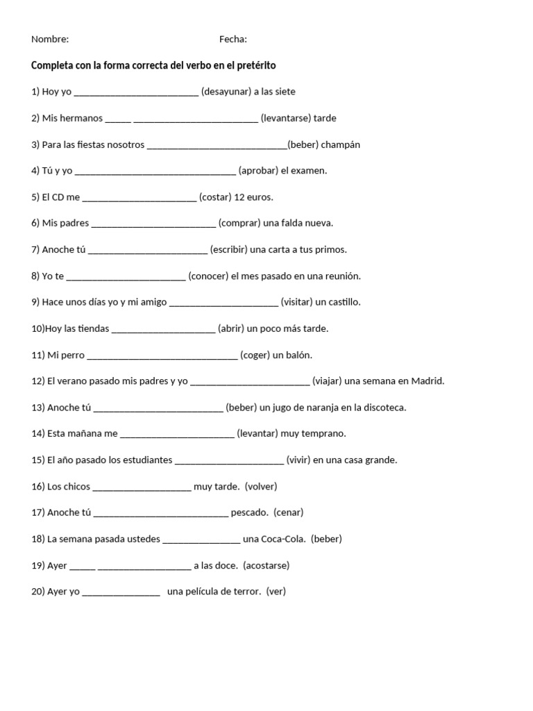 Practica Pretérito Regular | PDF