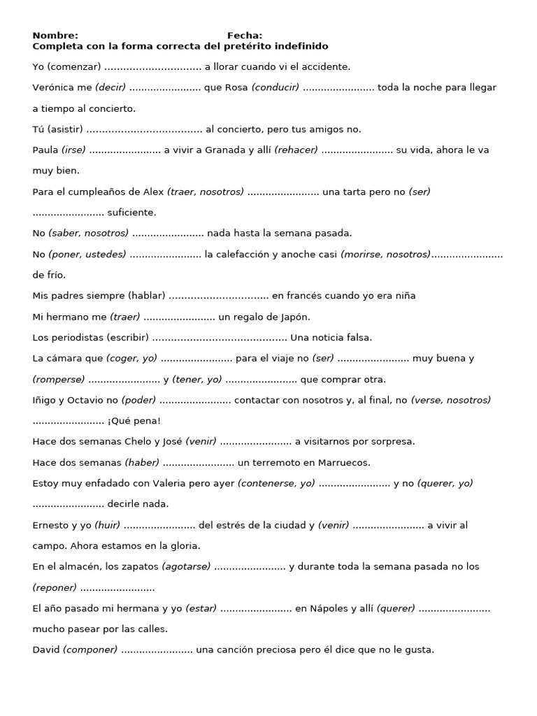 Practica Pretérito Irregular | PDF