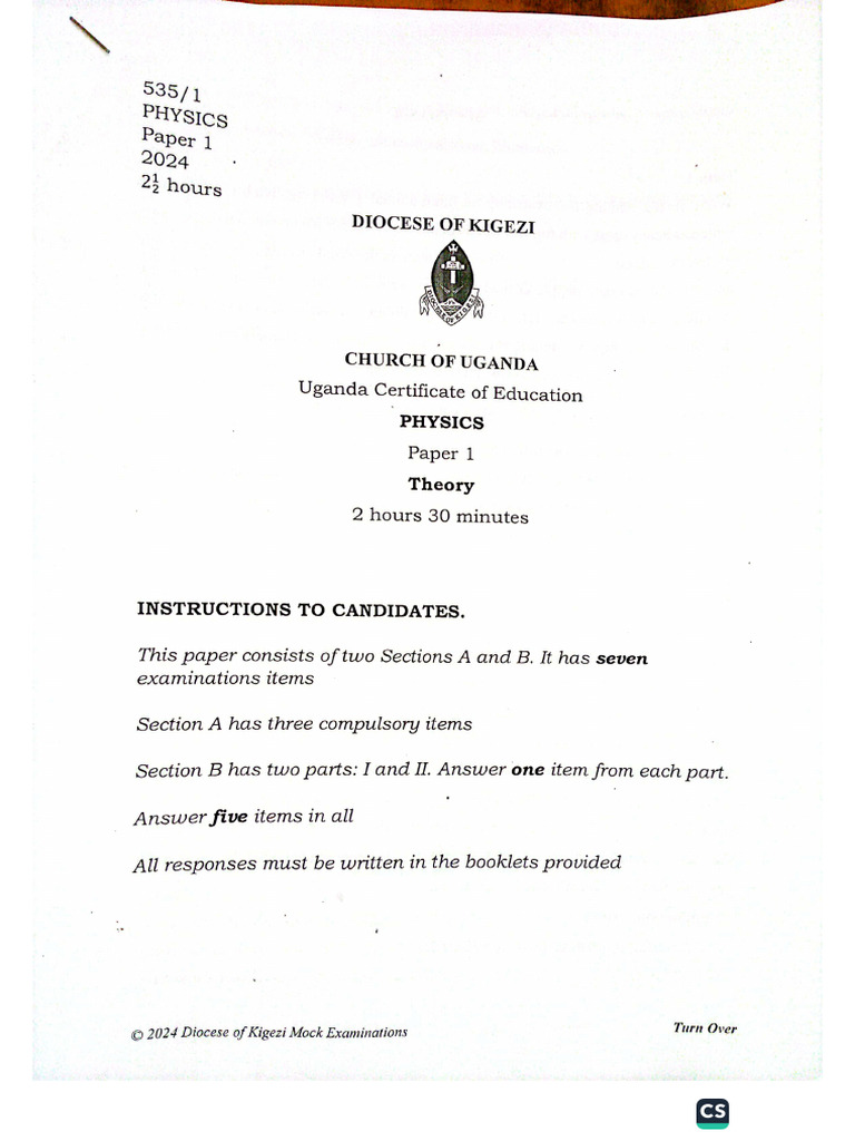 Kabale Diosece Mock 2024 Phy1 o Level (1) | PDF