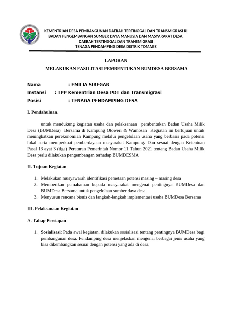 Laporan Fasilitasi Pembentukan BUMDesa Oleh Pendamping Desa | PDF