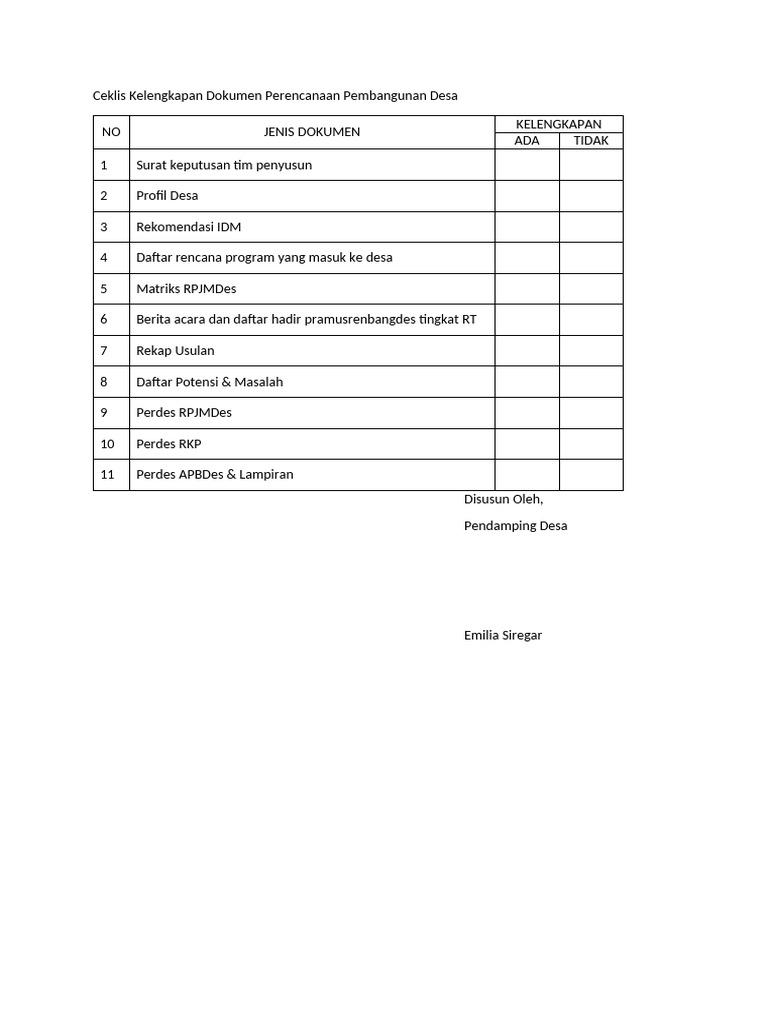 Ceklis Kelengkapan Dokumen Perencanaan Pembangunan Desa | PDF
