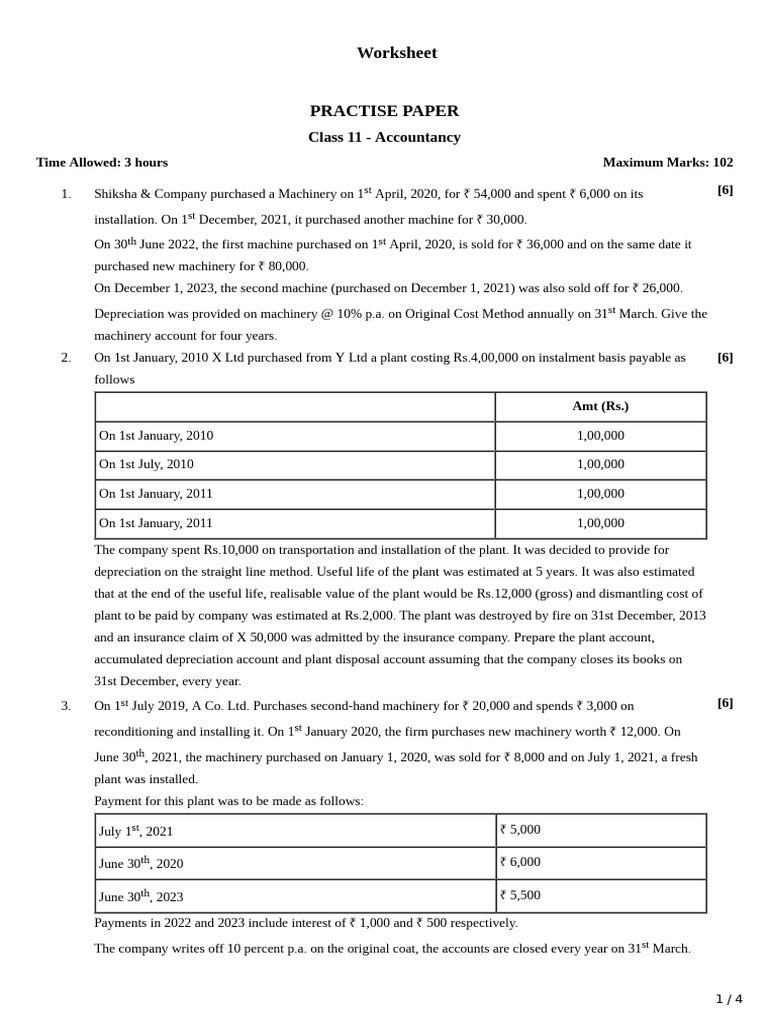 Worksheet On Depreciation | PDF | Depreciation | Financial Services