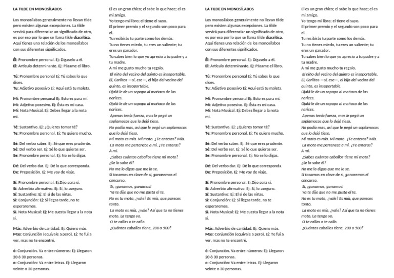 Tilde Diacrítica en Monosílabos | PDF | Mecánica del lenguaje ...