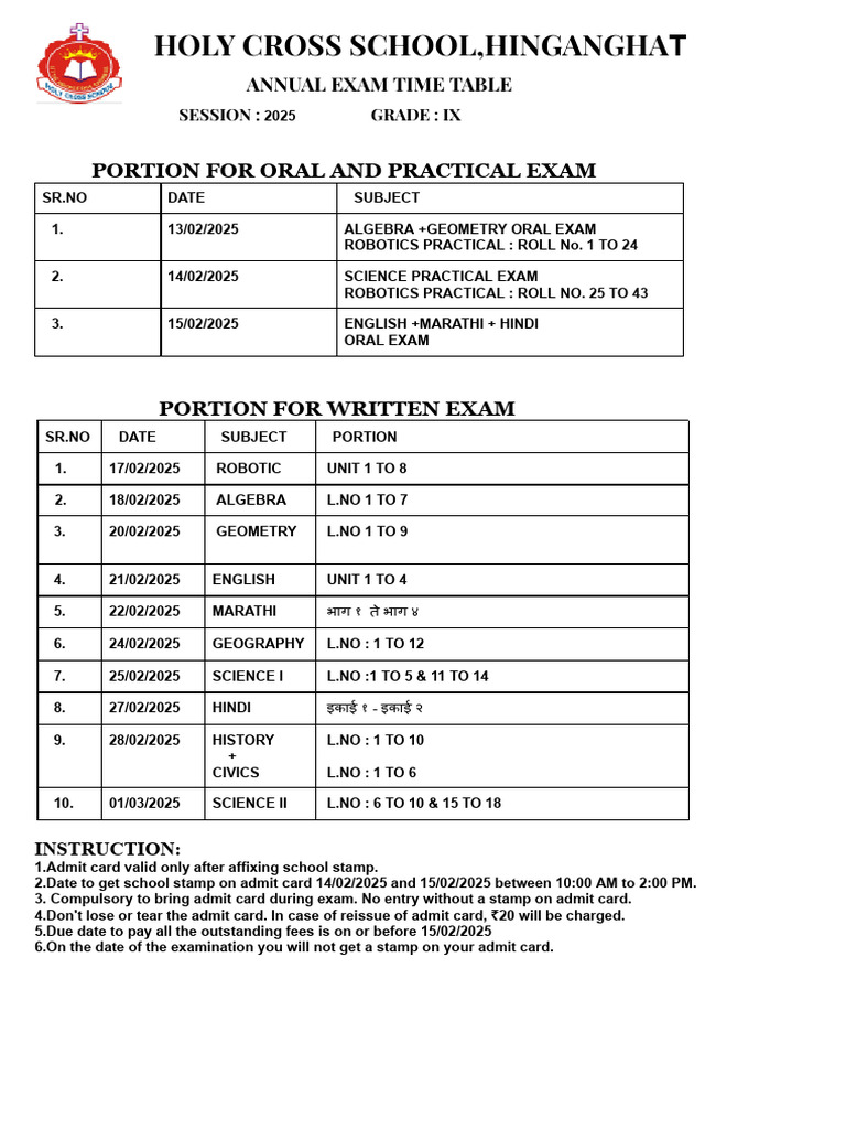 Grade-9 Time Table and Portion of Annual Exam | PDF