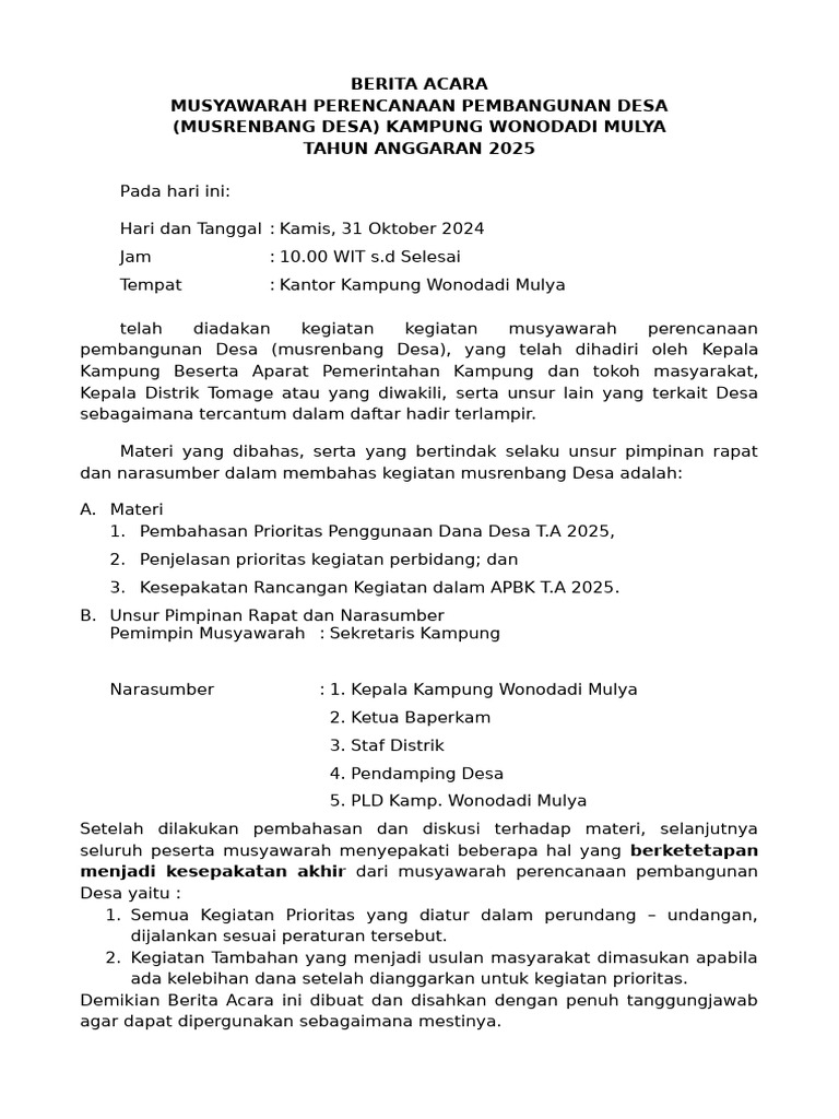 Musrenbang Desa Wonodadi Mulya 2025 | PDF