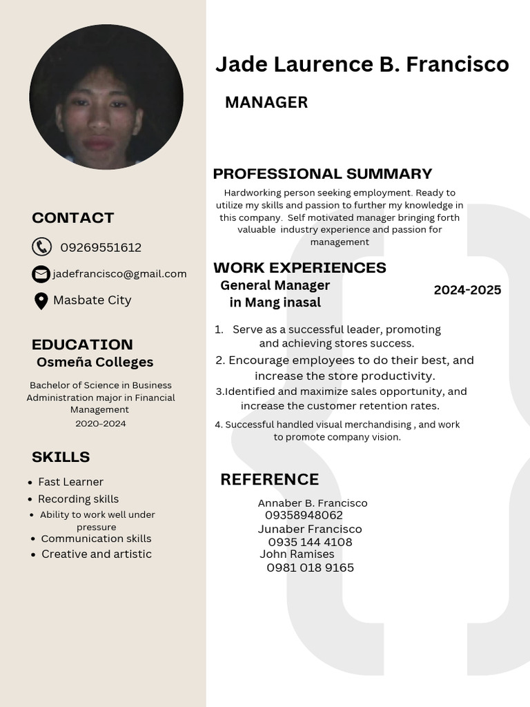 General Manager Resume for Jade Francisco | PDF