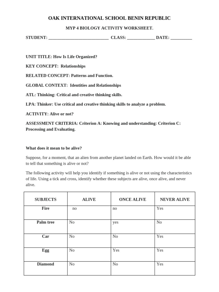 Alive or Not Worksheet | PDF