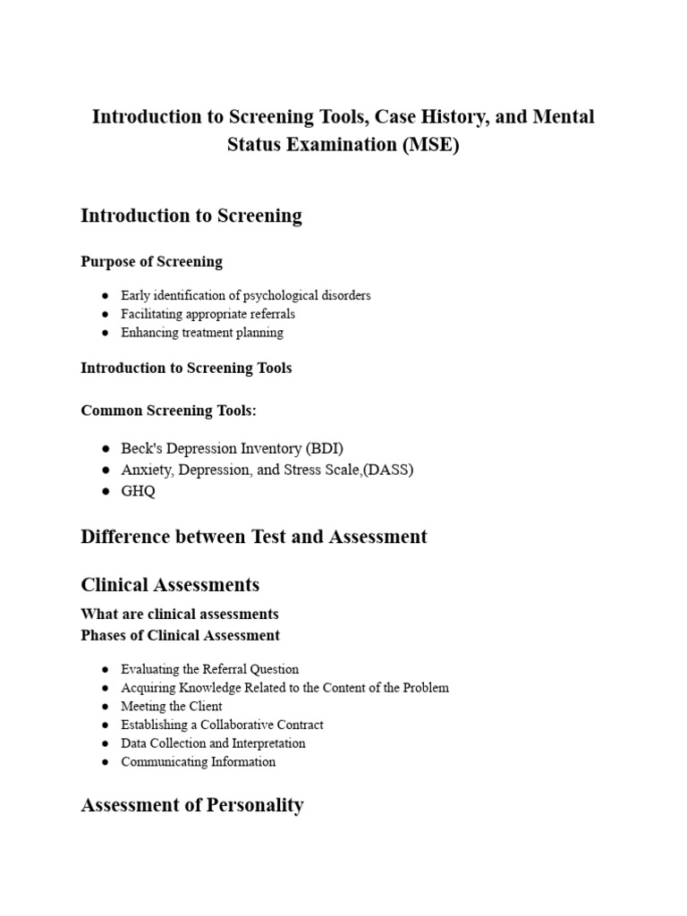 Introduction To Screening Tools - Case History - and Mental Status ...