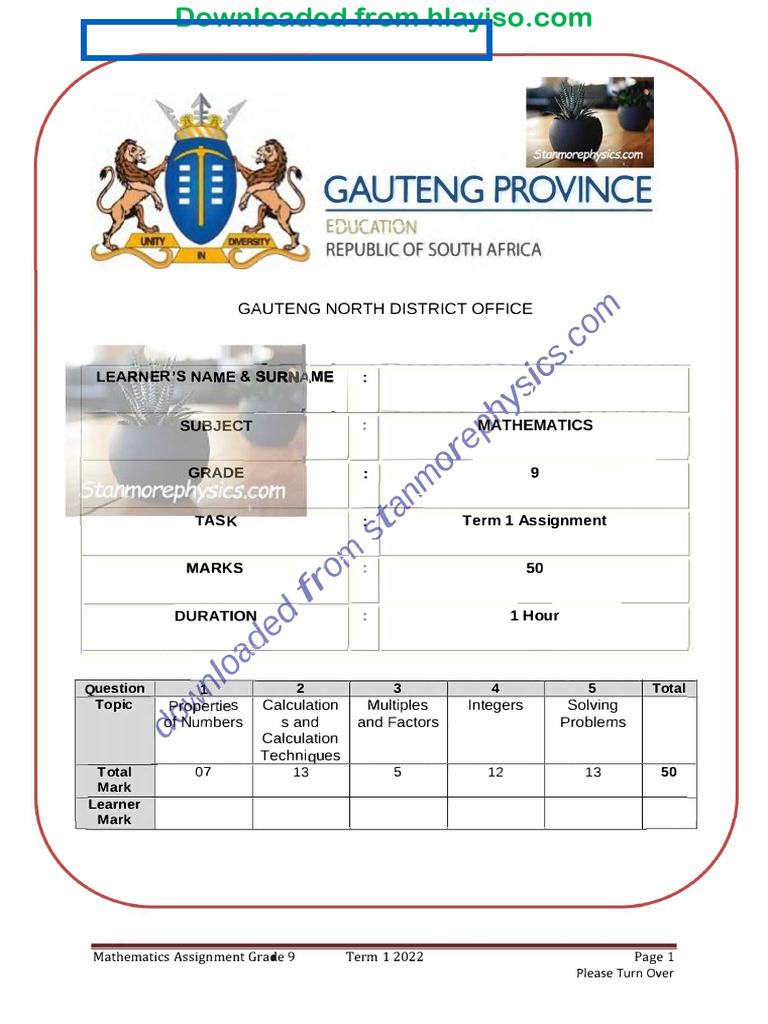Grade 9 Term 1 Maths Assignment | PDF | Mathematics | Arithmetic