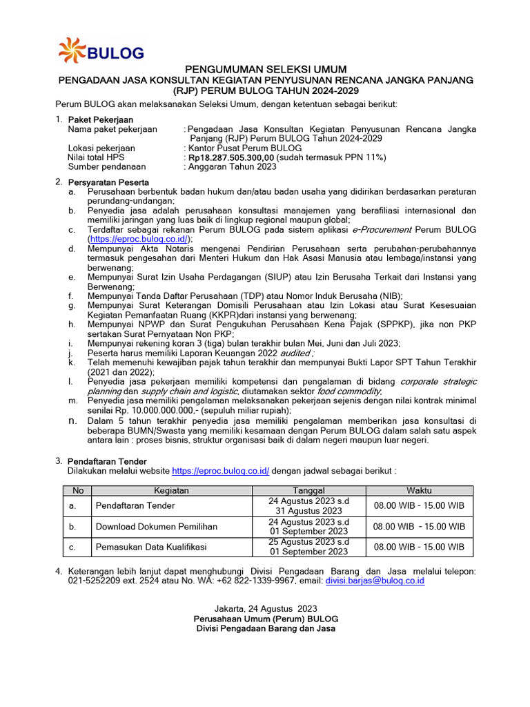 Pengumuman Seleksi Umum Pengadaan Jasa Konsultan Kegiatan Penyusunan Rencana Jangka Panjang RJP ...