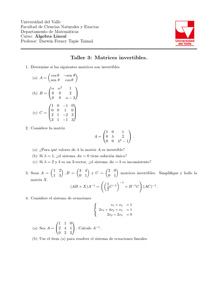 Taller 3 - Matrices Inversas | PDF