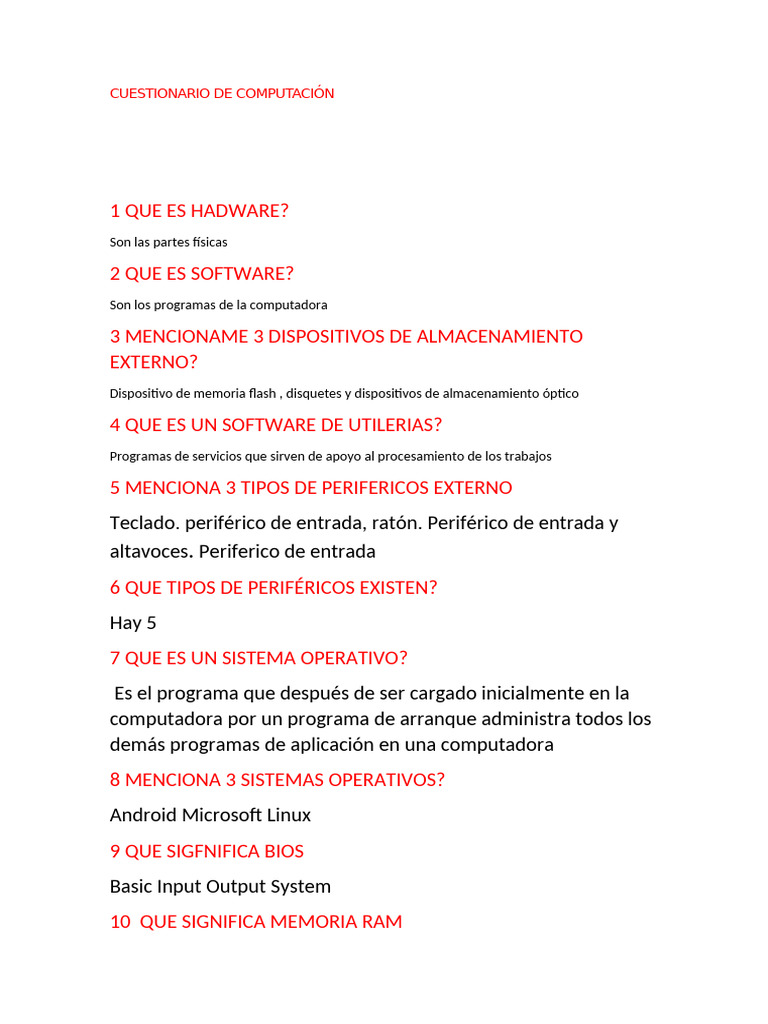 Cuestionario de Computación Básica | PDF