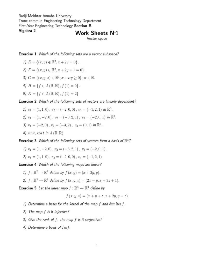 Work Sheets N°1 Algebra 2 | PDF