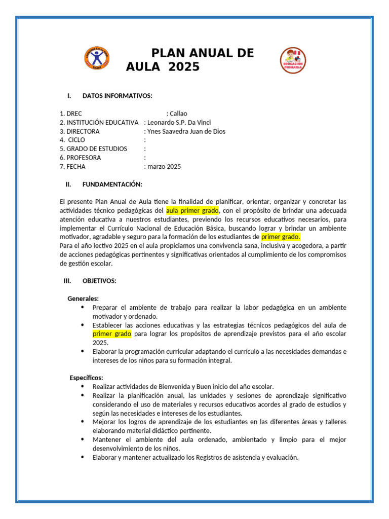 PLAN ANUAL DE Aula 2025 | PDF | Plan de estudios | Salón de clases