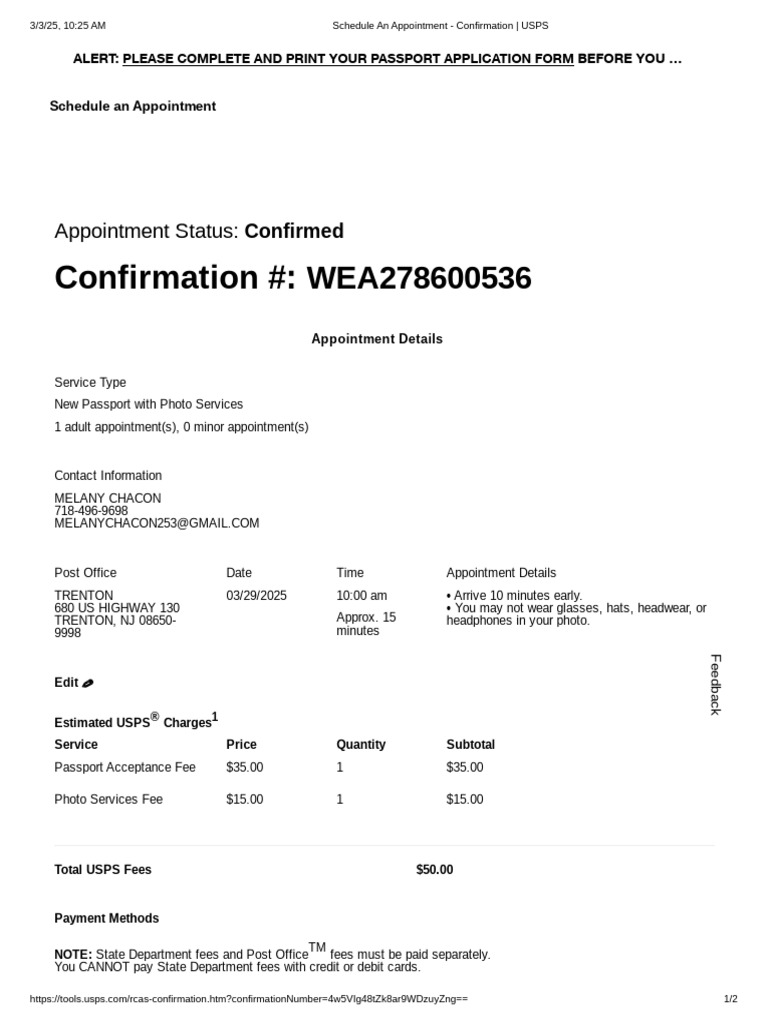 USPS Passport Appointment Confirmation | PDF | Money Order | Fee