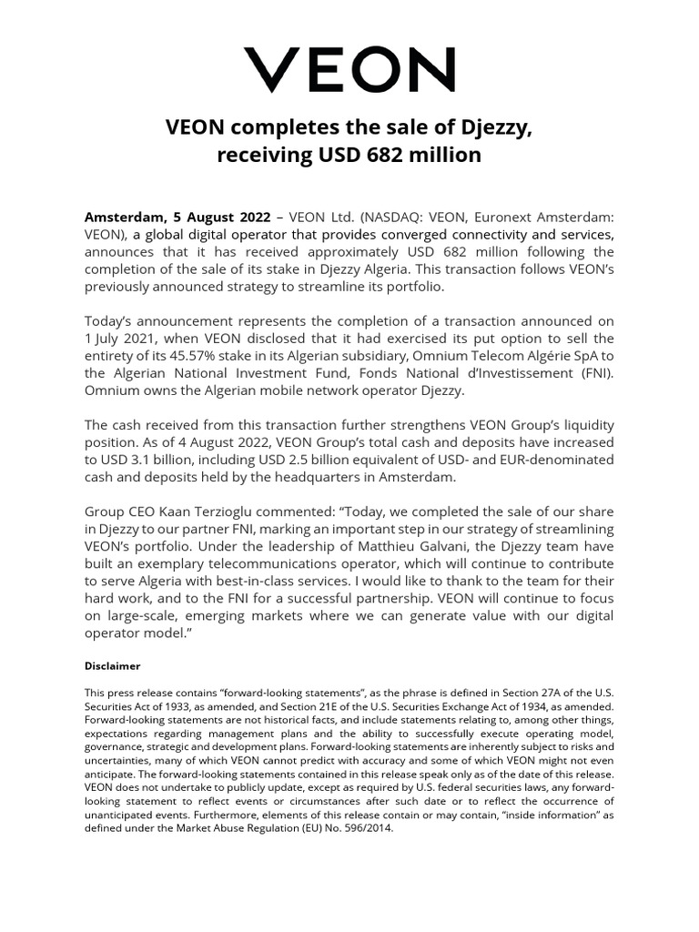 VEON Sells Djezzy for $682 Million | PDF | Economies | Financial Markets
