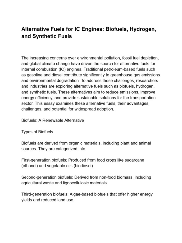 Alternative Fuels For IC Engines - Biofuels, Hydrogen, and Synthetic ...