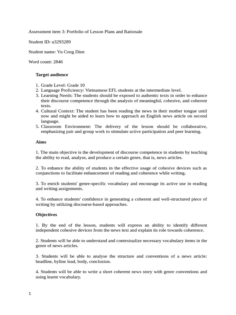Discourse Assignment 3 Portfolio of Lesson Plans and Rationale Final ...