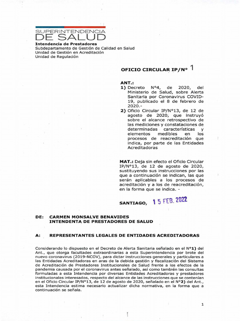 Oficio Circular Ip N 1 - 2022 - Deja Sin Efecto C. Ip 13 - 2020 | PDF