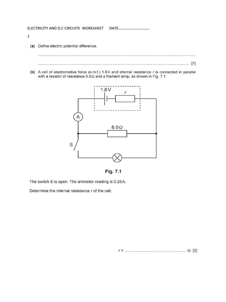 Electricity and D.C. Circuits Worksheet | PDF