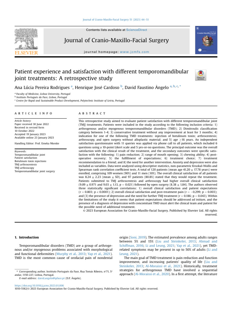 Patient Experience and Satisfaction With Different Temporomandibular ...