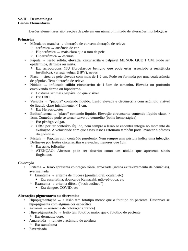Lesões Elementares em Dermatologia | PDF | Pele | Cicatriz