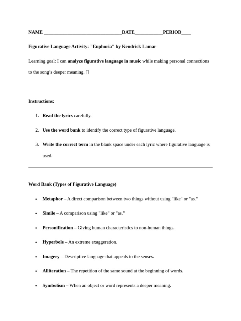 Figurative Lang EUPHORIA Kendrick Lamar Worksheet | PDF | Metaphor