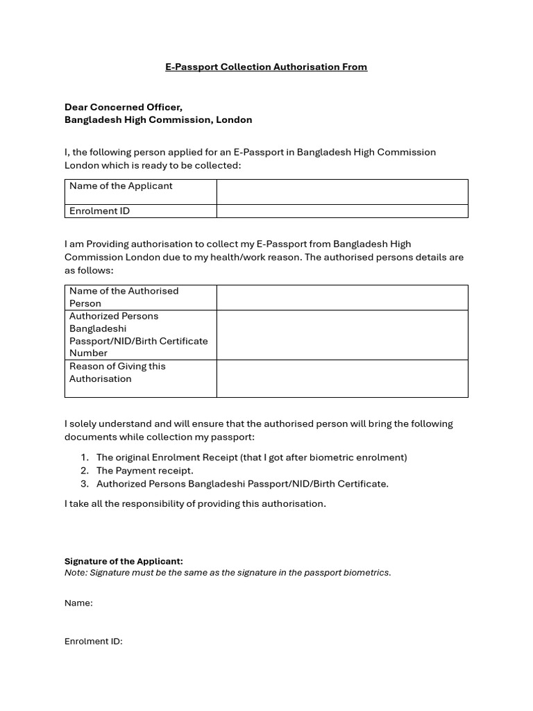 E-Passport Collection Authorisation From: Signature of The Applicant | PDF