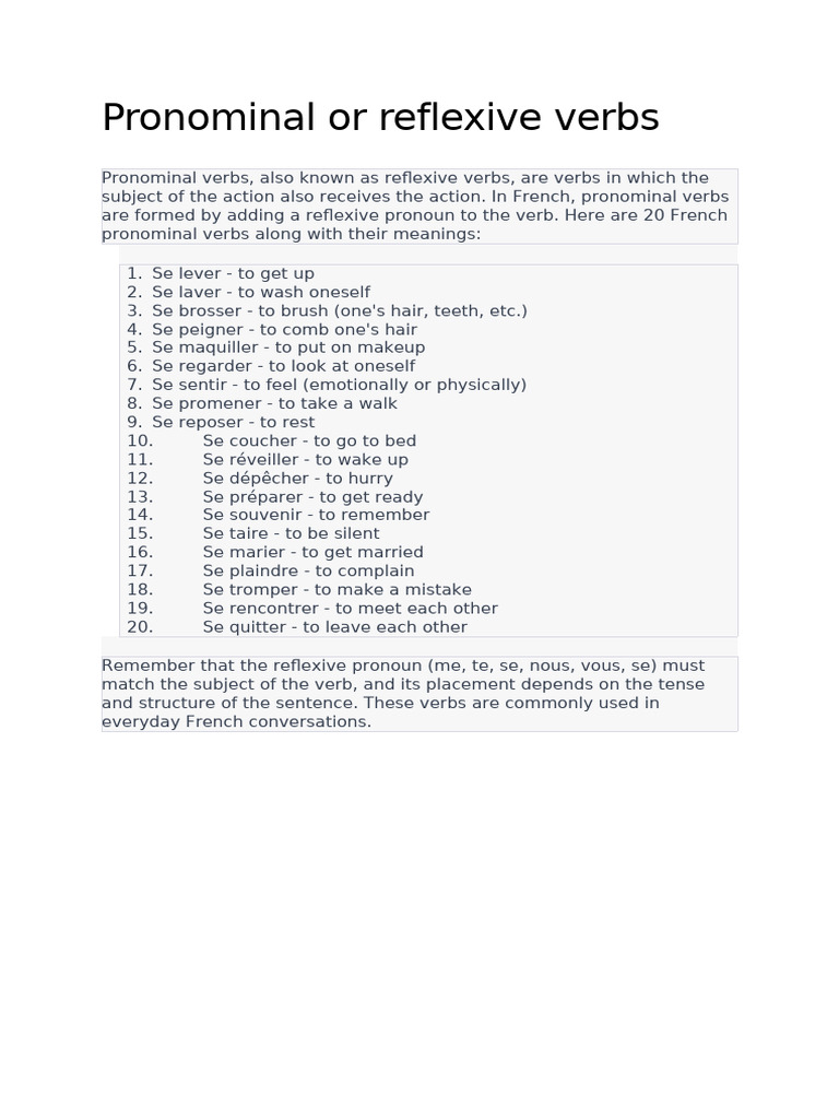 Pronominal or Reflexive Verbs | PDF
