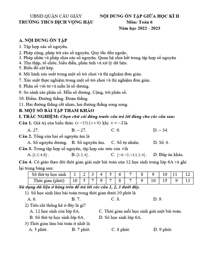 De Cuong Giua Ki 2 Toan 6 Nam 2022 2023 Truong Thcs Dich Vong Hau Ha Noi | PDF