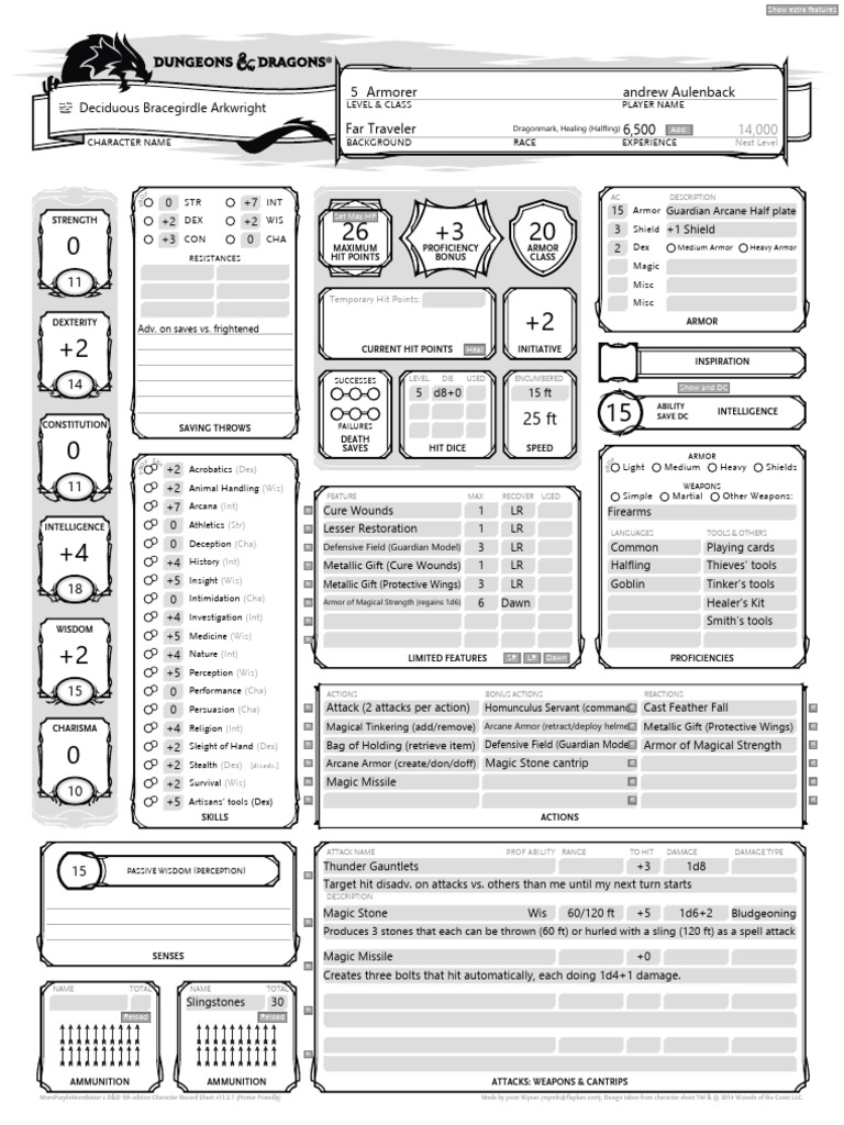 AKAartificer5medic Character Record Sheet (v13.1.0) (Printer Friendly ...