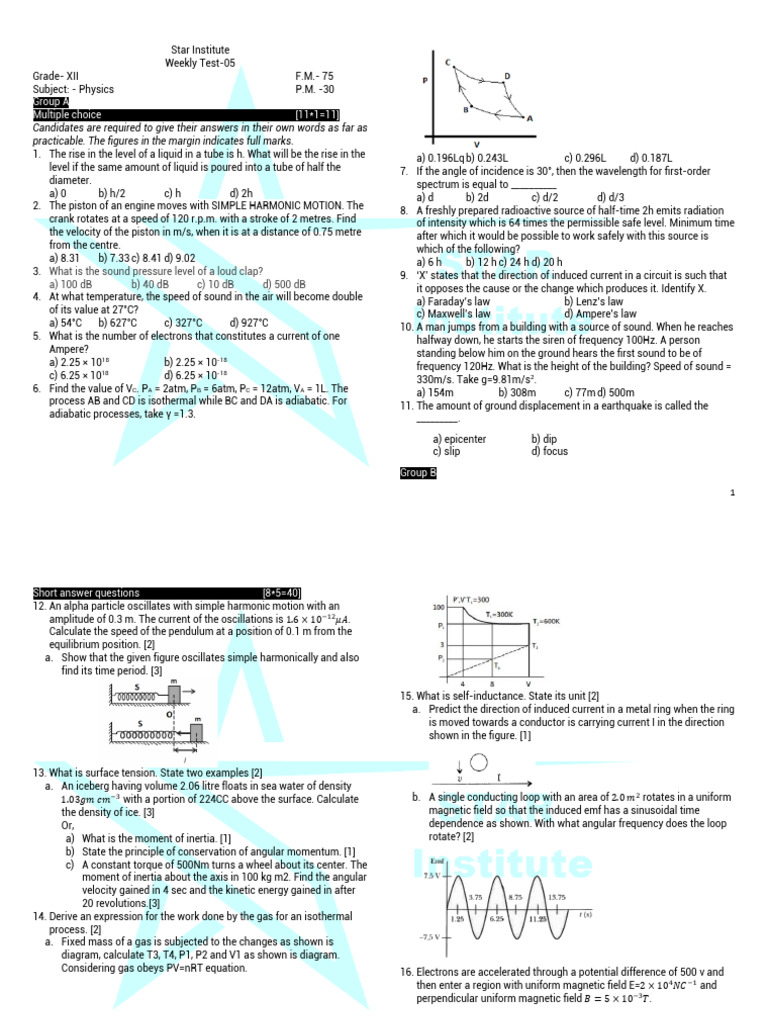 Grade 12 Physics Weekly Test 05 | PDF | Waves | Electron