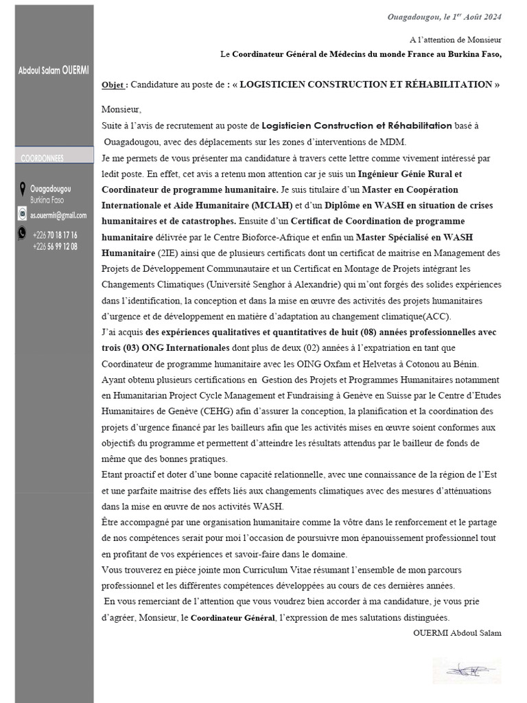 Candidature au poste de Logisticien WASH | PDF | Burkina Faso ...