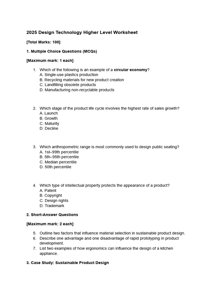 2025 Design Technology Higher Level Worksheet | PDF | 3 D Printing ...