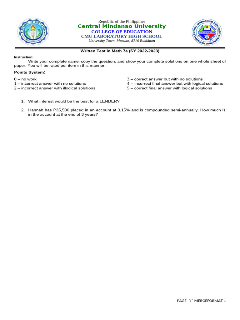 Math 7a Written Test Instructions | PDF