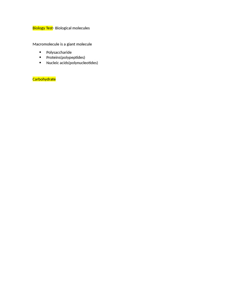 Biology Test: Biological Molecules | PDF