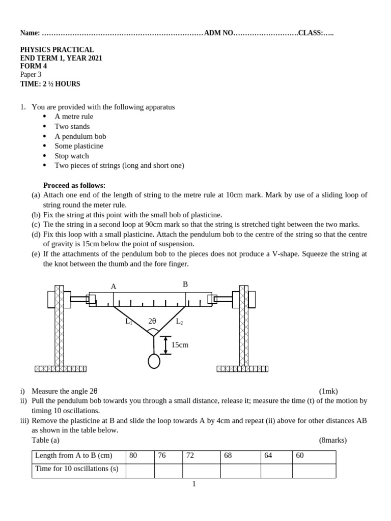 PHYSICS PP3 Form 4 End Term 1 Exam 2021 Teacher - Co - .Ke | PDF | Pendulum