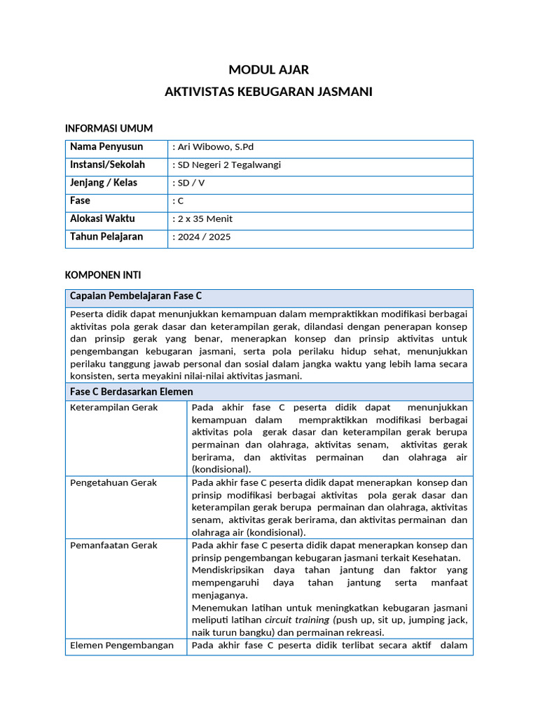 Modul Ajar Aktivistas Kebugaran Jasmani | PDF