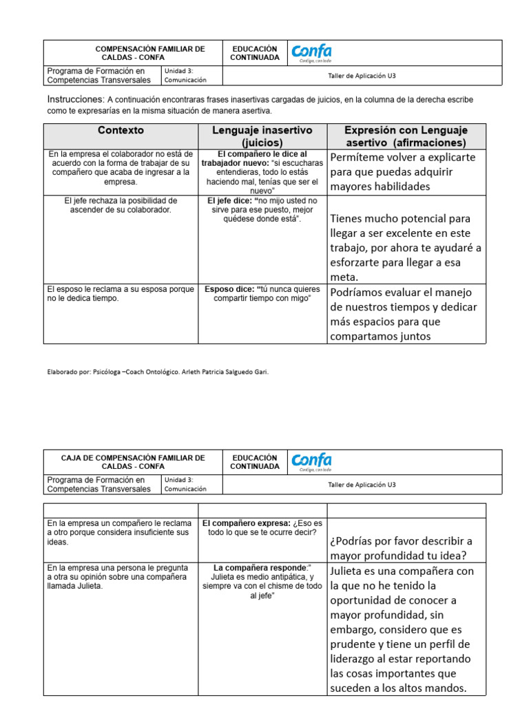 Taller de Aplicación U3 Asertividad Def | PDF