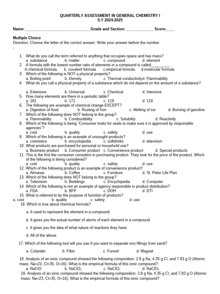 General Chemistry I Quarterly Assessment | PDF | Chemical Compounds ...