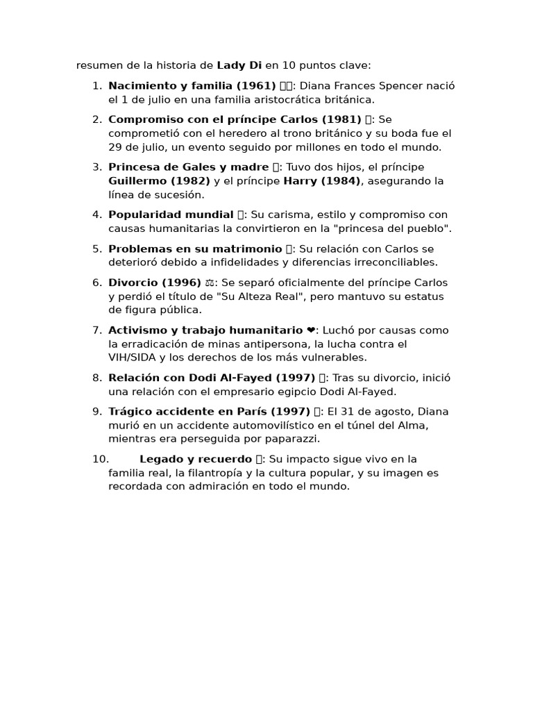 Resumen en 10 Puntos de La Vida de Lady Di | PDF