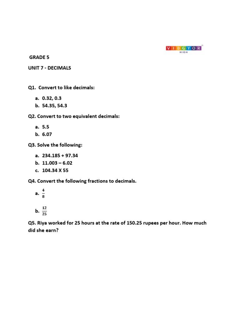 GRADE 5. - Decimals - Revision | PDF