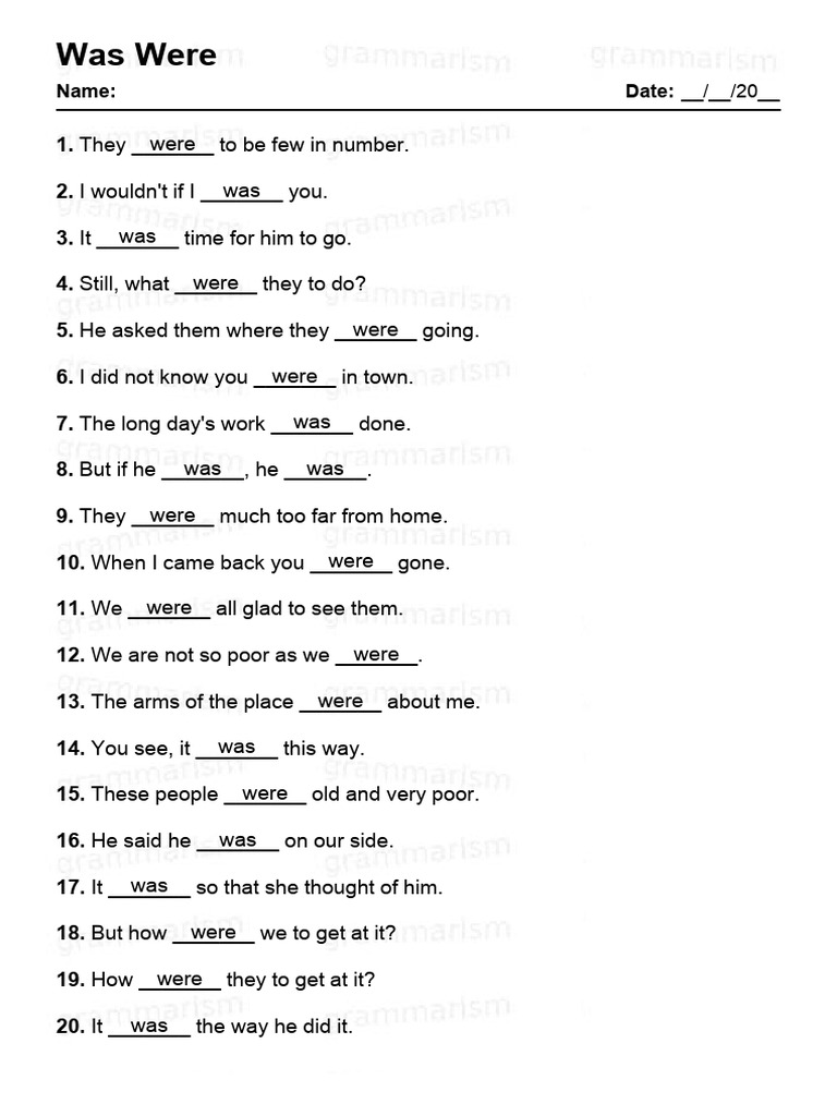 Verb Exercise: Was vs. Were | PDF