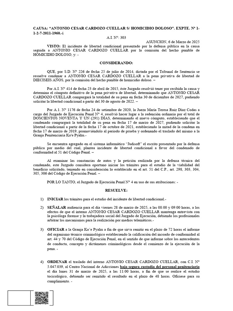 Causa: "Antonio Cesar Cardozo Cuellar S/ Homicidio Doloso". Expte. #1-1-2-7-2011-1960. | PDF ...