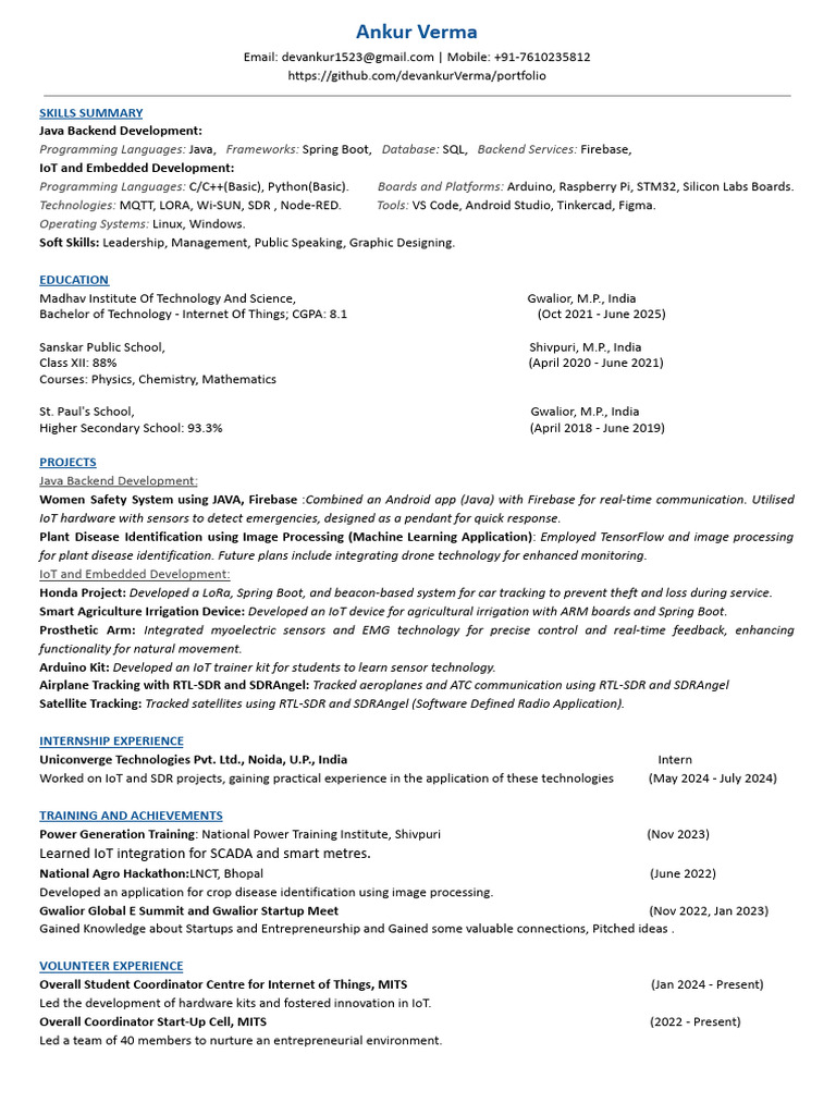 Ankur Verma RESUME FINAL | PDF | Internet Of Things | Software Defined Radio