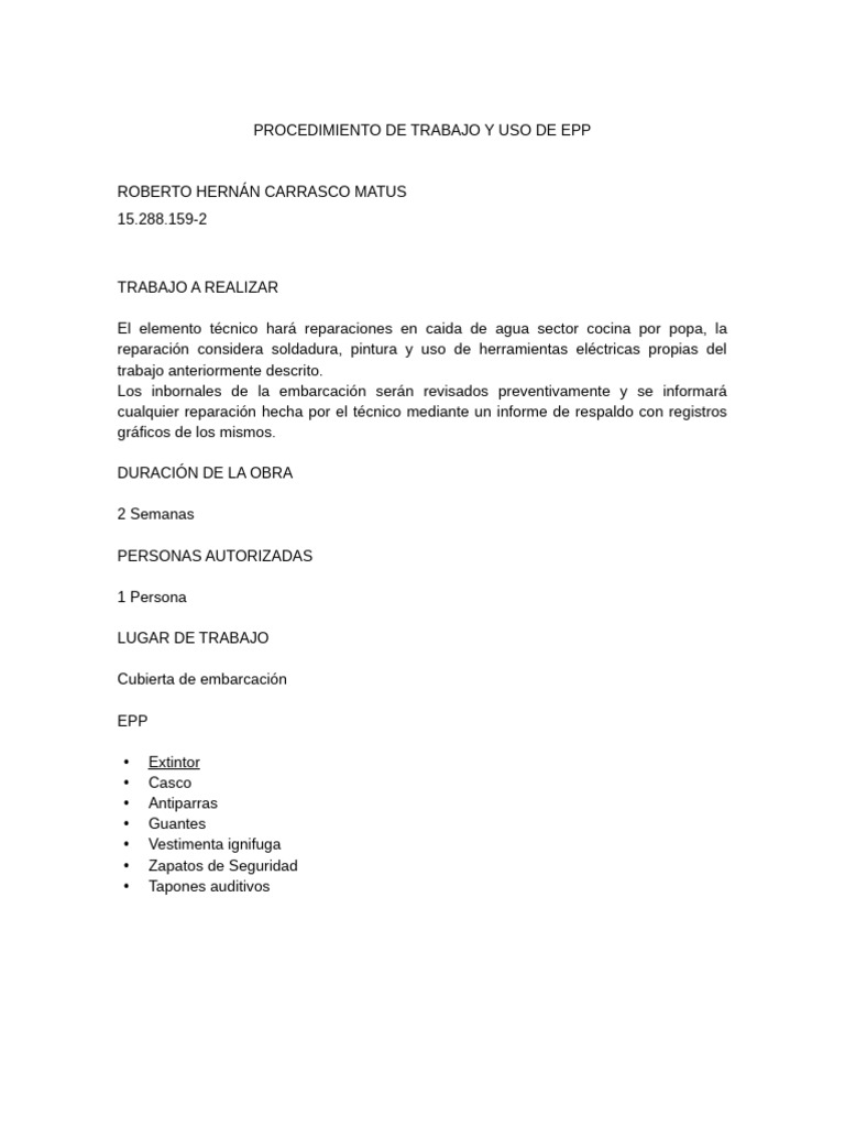 Procedimiento de Trabajo y Uso de Epp Oficial | PDF