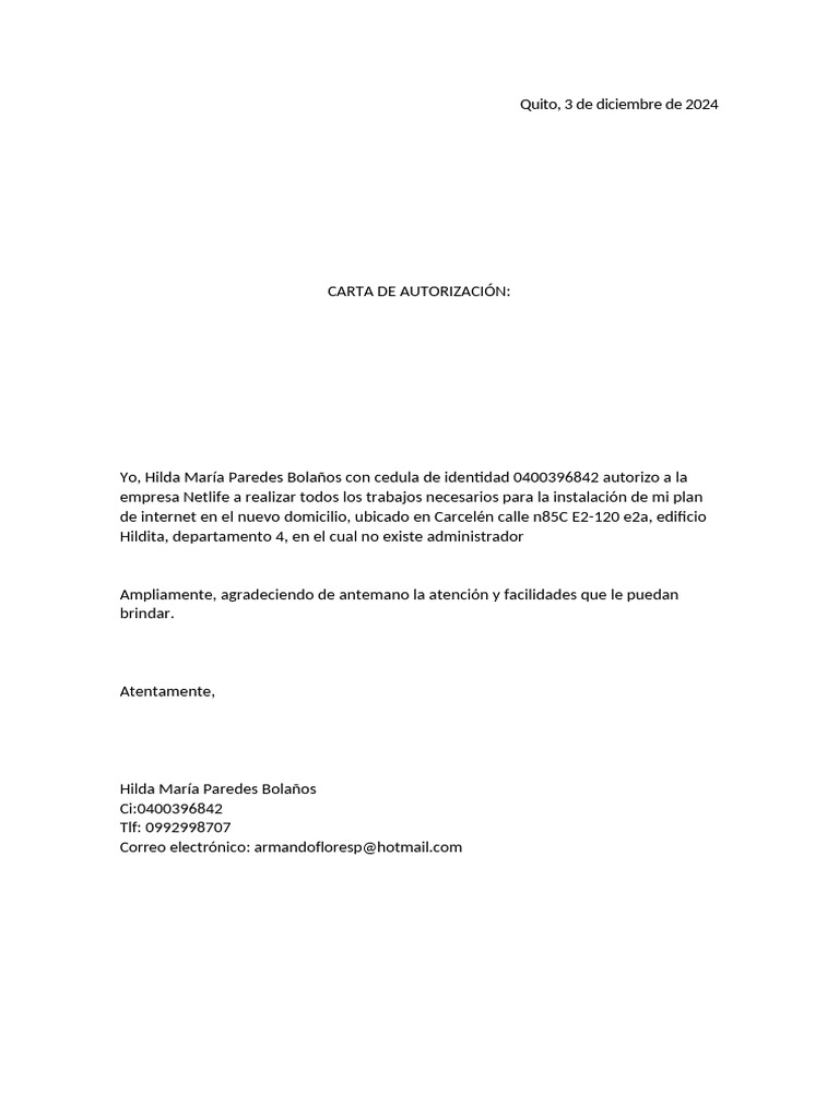 Autorización para Instalación de Internet | PDF