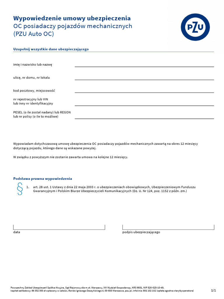 Wypowiedzenie OC PPM Art. 28 | PDF