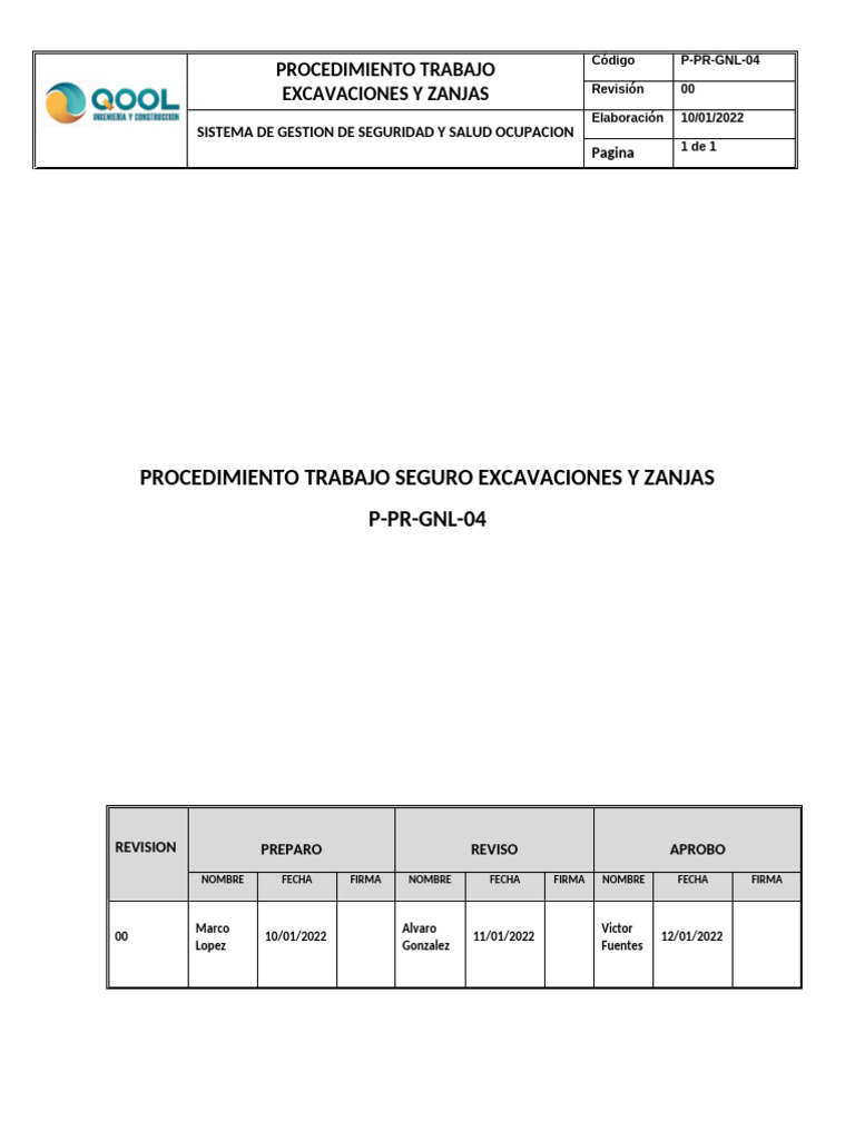 P-RP-GNL-04 Procedimiento Trabajo Seguro Excavaciones y Zanjas | PDF